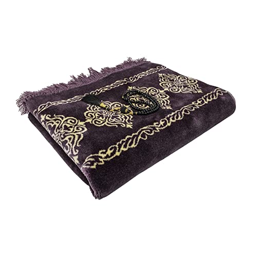 Modefa Turkish Islamic Prayer Rug - Large & Wide Soft Velvet Janamaz - Comfortable Muslim Praying Mat for Men & Women - Ramadan or Eid Gift - with Prayer Beads Tesbih - Grand Plush (Purple)