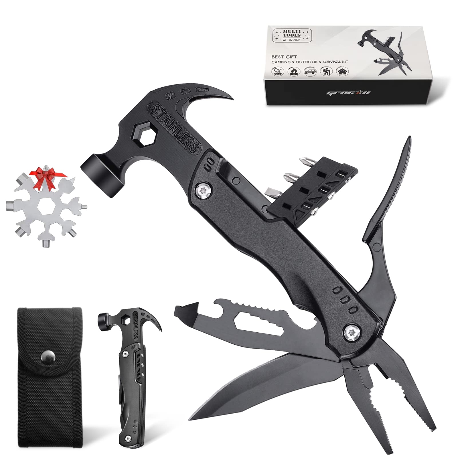 GRESOU Camping Hammer Multitool for Men Dad Husband, 14 In 1 Mini Hammer Multitool Camping Accessories Survival Gadget, All In One Tools Cool Gadgets for Fathers Day Christmas Birthday