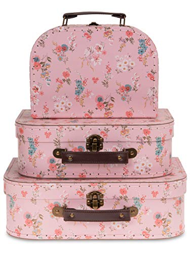 Jewelkeeper Paperboard Suitcases, Set of 3 - Vintage Decorative Storage Box, Luggage Decor Storage, Vintage Decor for Birthdays and Weddings, Pink Floral Design