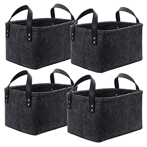 BESETFREE 4 Pack Felt Fabric Storage Basket, 10x15x11" Foldable Felt Storage Bin with Leather Handles, Open Storage Bins for Shelves, Magazine, Toys, Clothing