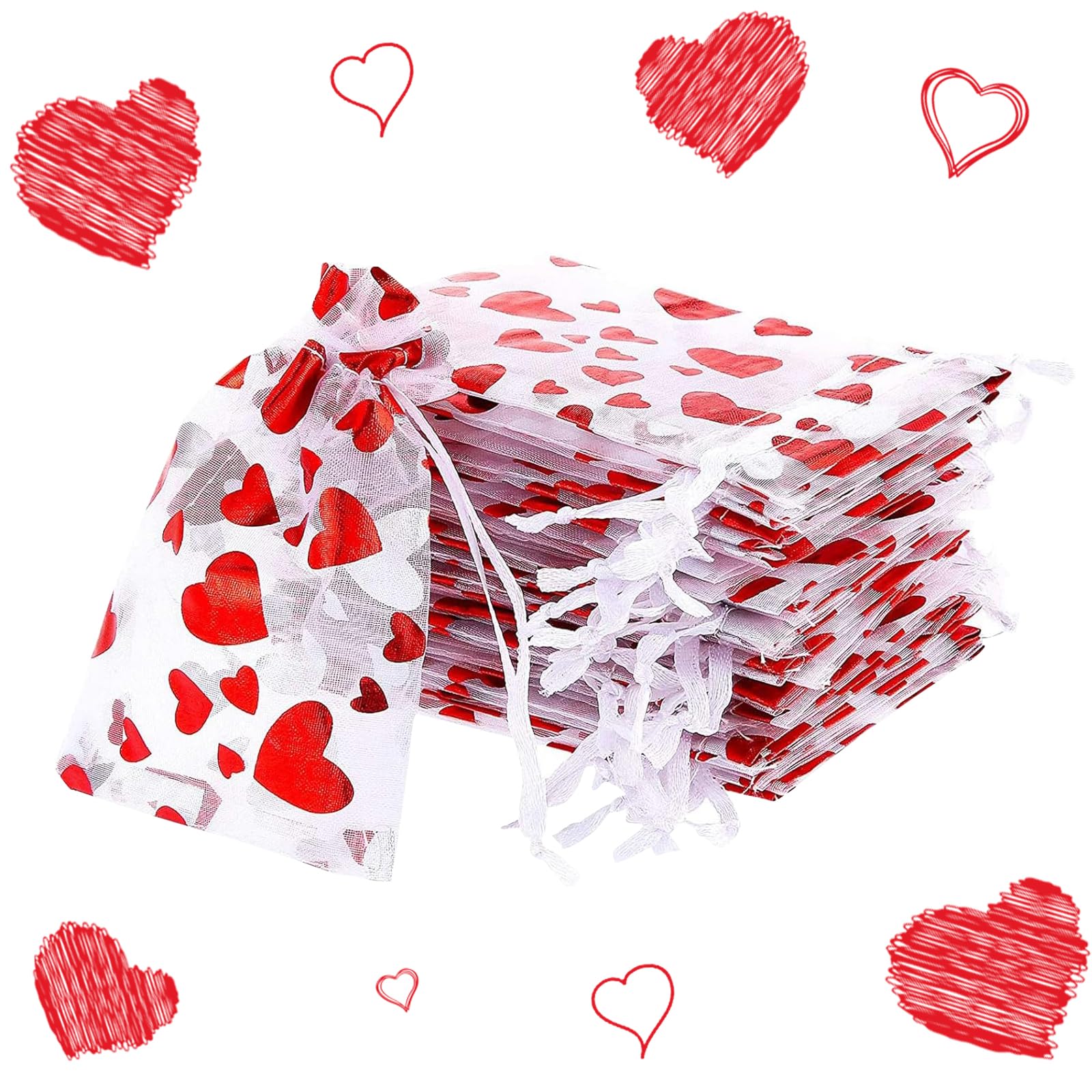 Bnsikun 50Pcs Organza Bags Jewelry Candy Pouches Sachet Bags Drawstring Organza Gift Bags for Wedding Party Valentines Day Baby Shower Christmas (Red Heart, 3.5 x 4.7 inch)