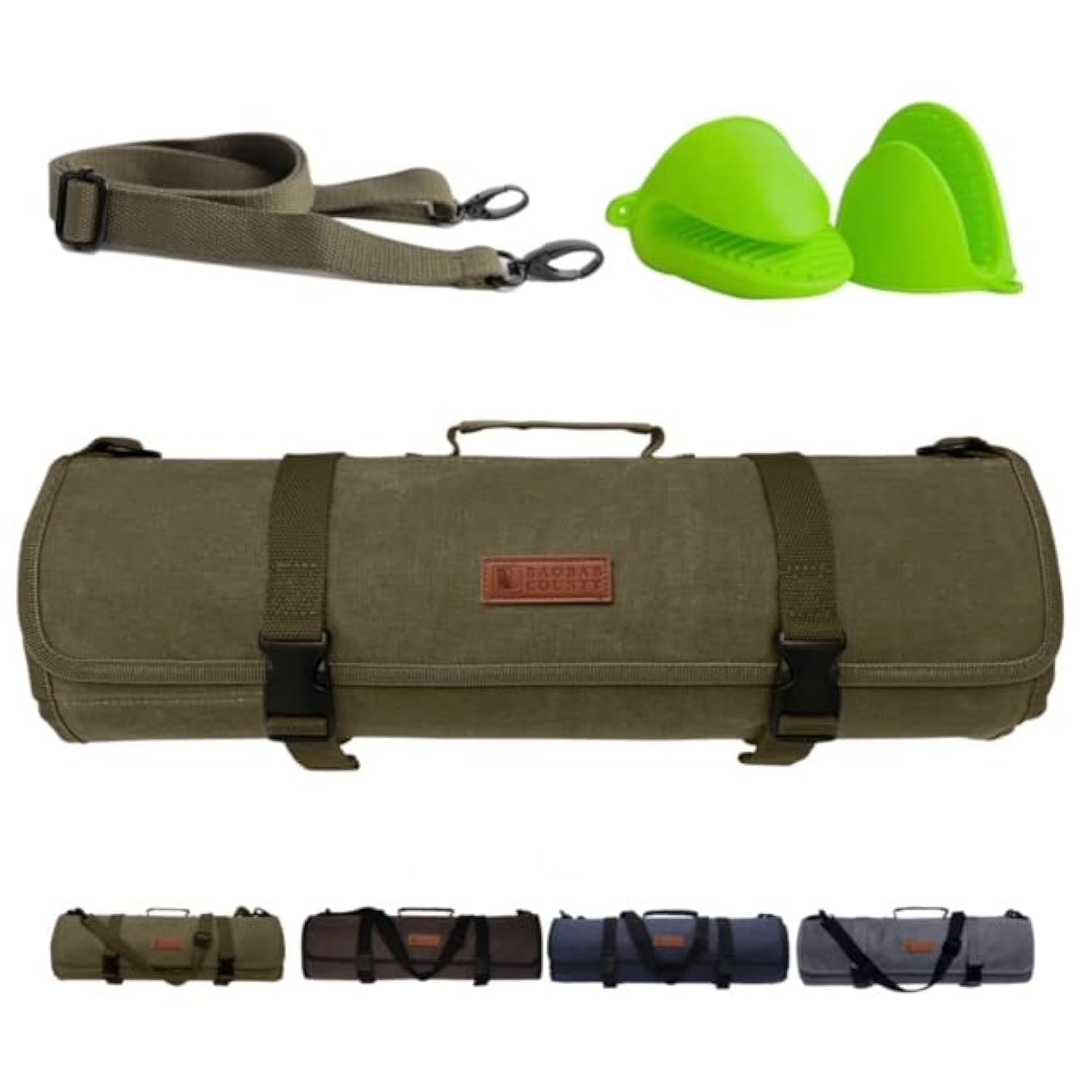 Baobab County Chef Knife Roll Bag - Premium 12oz Waxed Canvas Chef Knife Case, 11 Slots - Ideal Chef's Knife Bag for Carving Knives, Cleaver, Chef Tools & Utensils - Army Green - Oven Mitts Included