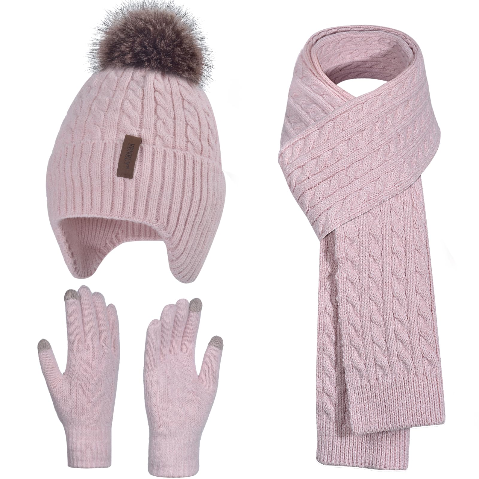 Winter Hat Gloves Scarf Set for Kids Earflap Beanie with Cute Pom Knit Girls Children Baby Toddler Pink Warm Wool Fleece Lining 6 7 8 9 10 Years Old
