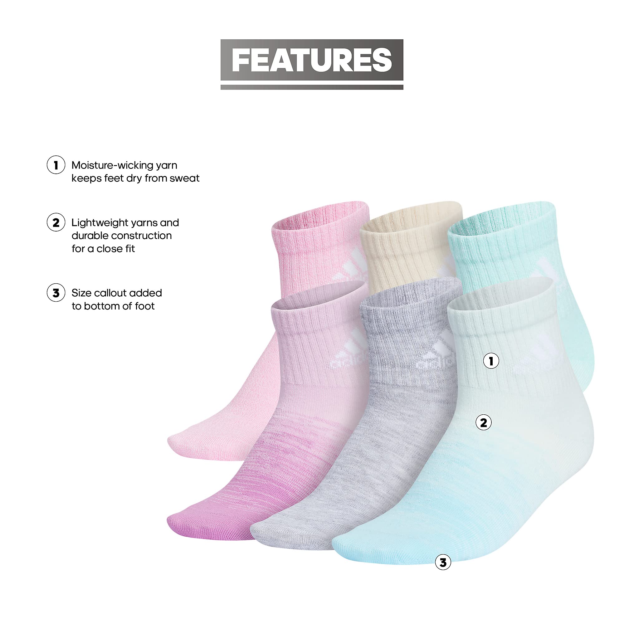 adidas Kids-Girl's Superlite Badge of Sport 3.0 Quarter Socks (6-Pair), Bliss Blue/Cool Light Heather/Pulse Lilac Purple, Medium