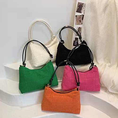 Women’s Classic moon shape clutch shoulder bag bubbled fabric Hobo handbag with zipper closure (velvet pile White)