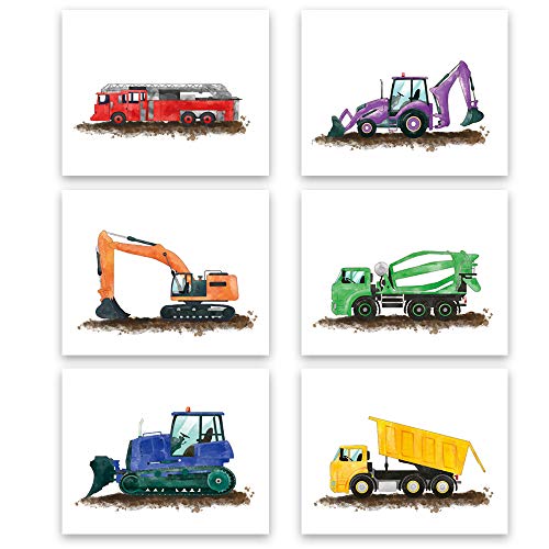 YIMEHDAN Watercolor Truck Wall Art Print- Playroom or Nursery Boy Bedroom Decor-Colorful Cartoon Construction Car Canvas Print (Set of 6)-Unframed-8X10 inch
