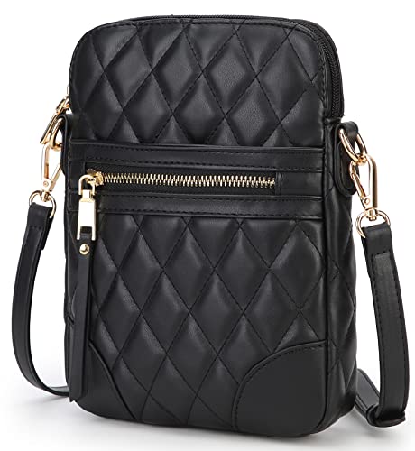 lola mae Small Quilted Crossbody Bag for Women Phone Pocket Shoulder Handbag Zipper Closure (Black)