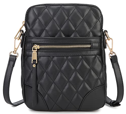 lola mae Small Quilted Crossbody Bag for Women Phone Pocket Shoulder Handbag Zipper Closure (Black)