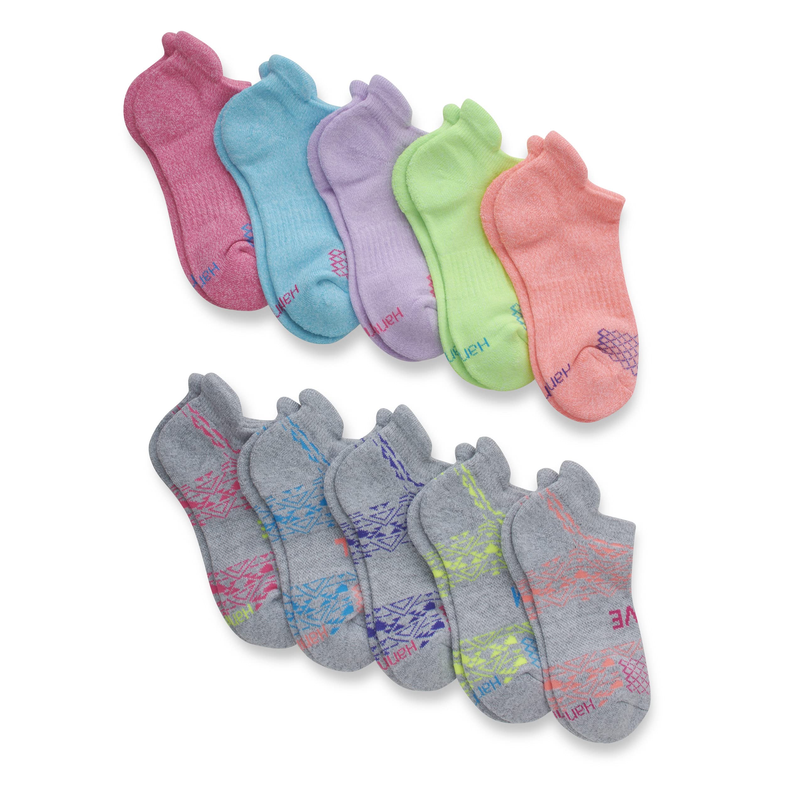 Hanes Girls' Comfort Fit Heel Shield and No Show Socks, 10-Pair Packs, Assorted, Medium