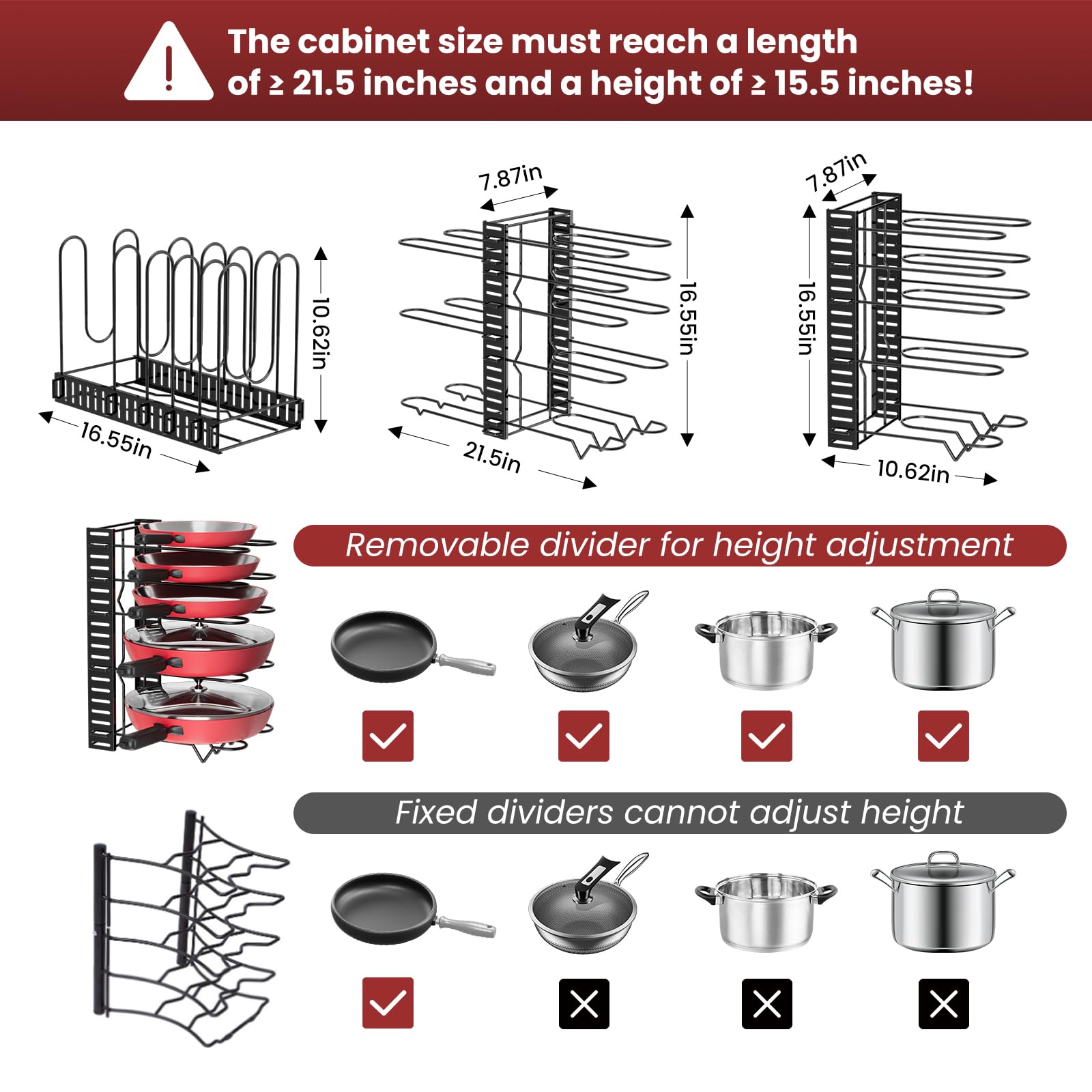 Podxco Pan Organizer Rack for Cabinet Pot Rack with 3 Diy Methods Adjustable Pot and Pan Organizer with 8 Tiers Pot Lid Organizer Holder Metal Heavy Duty Pot Organizer for Kitchen Counter and Cabinet