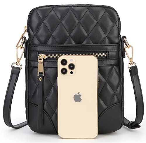 lola mae Small Quilted Crossbody Bag for Women Phone Pocket Shoulder Handbag Zipper Closure (Black)