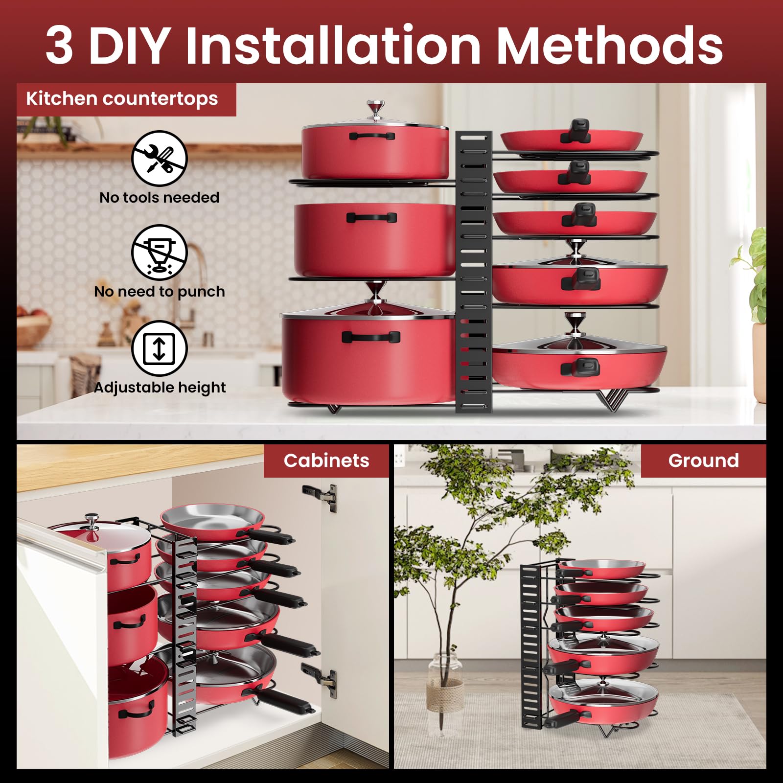 Podxco Pan Organizer Rack for Cabinet Pot Rack with 3 Diy Methods Adjustable Pot and Pan Organizer with 8 Tiers Pot Lid Organizer Holder Metal Heavy Duty Pot Organizer for Kitchen Counter and Cabinet