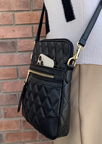 lola mae Small Quilted Crossbody Bag for Women Phone Pocket Shoulder Handbag Zipper Closure (Black)