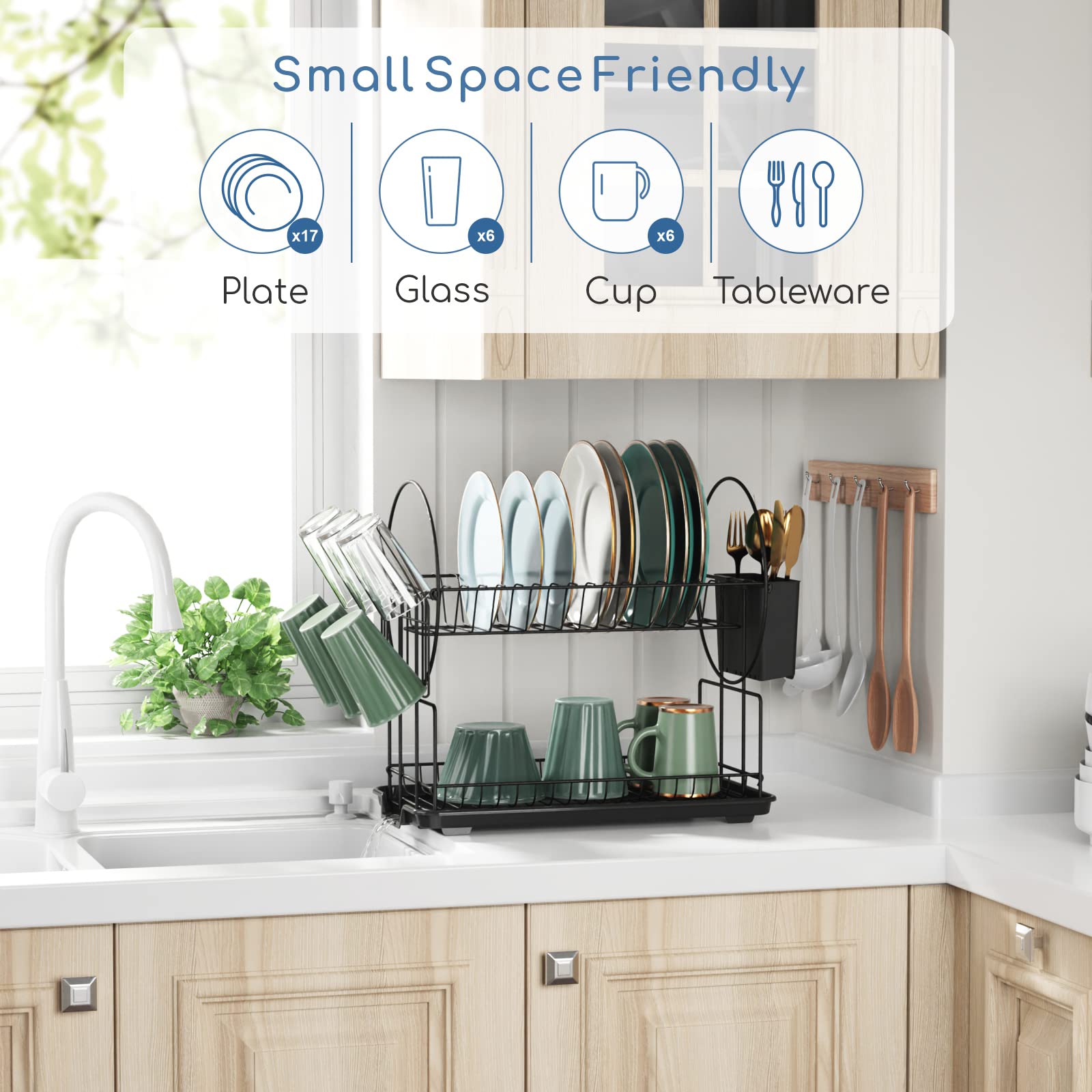 GSlife Small Dish Drying Rack - 2-Tier Dish Rack with Drainboard, Utensils Holder, Glass Holder for Kitchen Counter, Tiered Dish Drainer for Small Space, Black