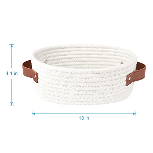 ABenkle Small Woven Basket, Mini Cotton Rope Storage Basket, Tiny White Basket, Shelf Basket, Oval Decorative Toy Dog Cat Basket for Nursery, Kids Room, Empty Gift Basket Baby Basket, 10" x 6" x 4" XS