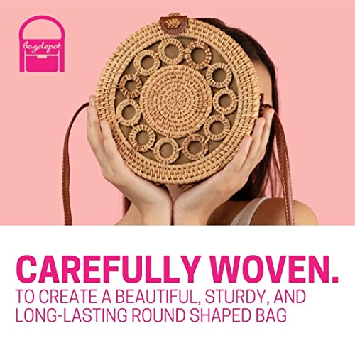 BAGDEPOT Round Rattan Bag With Shoulder Leather Strap. Made from Natural Rattan (Sunrise)