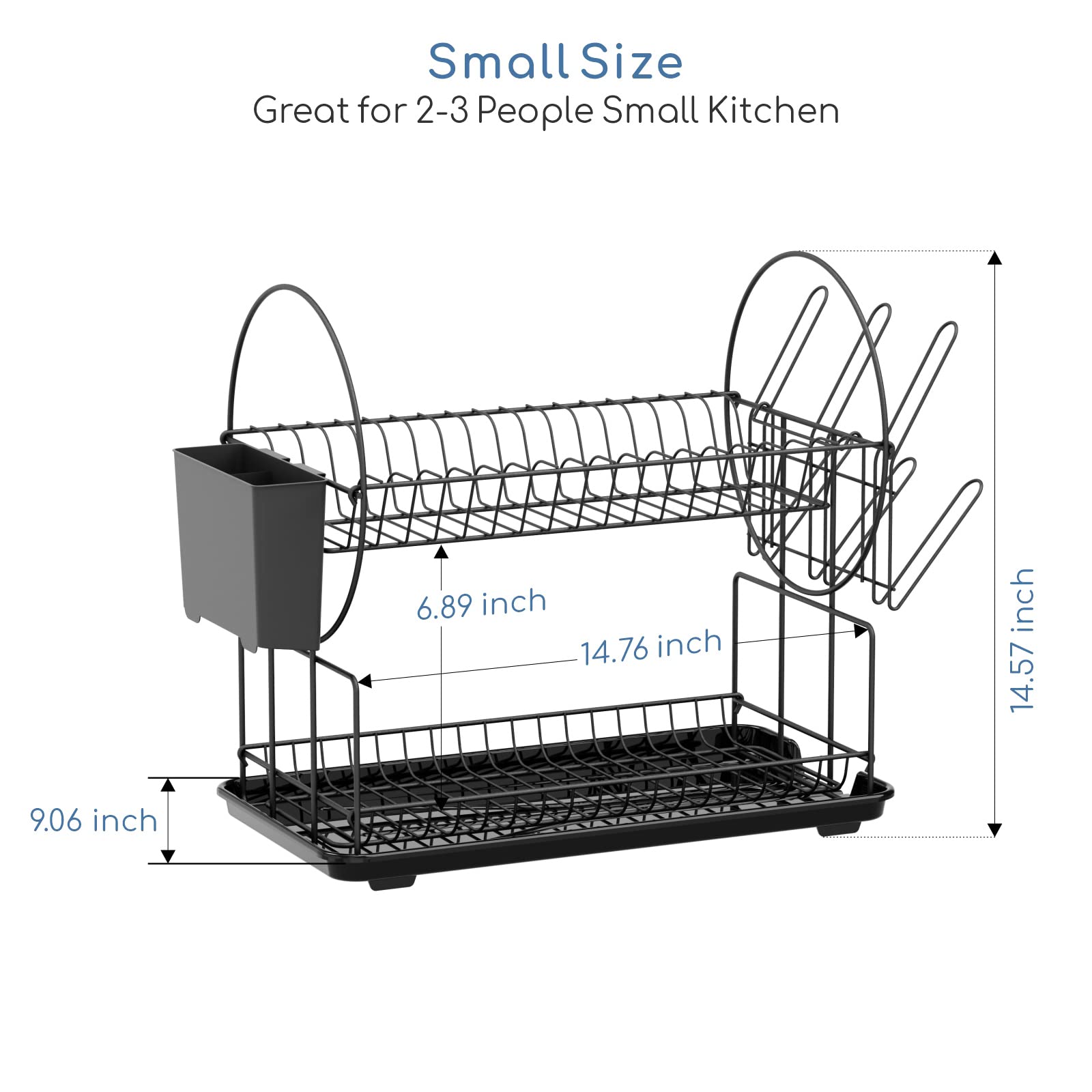 GSlife Small Dish Drying Rack - 2-Tier Dish Rack with Drainboard, Utensils Holder, Glass Holder for Kitchen Counter, Tiered Dish Drainer for Small Space, Black