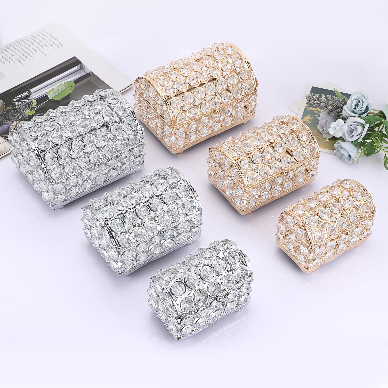 Hipiwe Crystal Jewelry Trinket Box Gold Mirrored Treasure Chest Box Small Keepsake Box Decorative Jewelry Display Case Organizer Earrings Rings Storage Box Gift for Women Girls