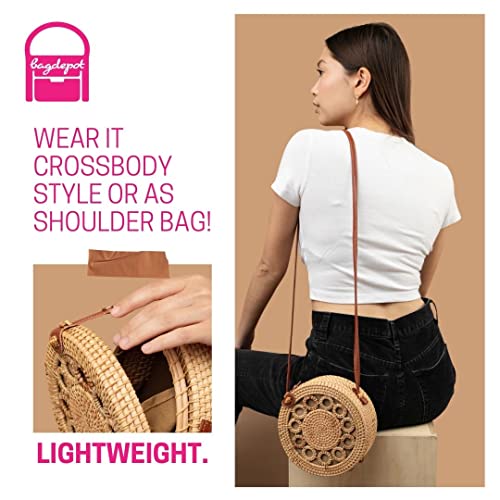 BAGDEPOT Round Rattan Bag With Shoulder Leather Strap. Made from Natural Rattan (Sunrise)