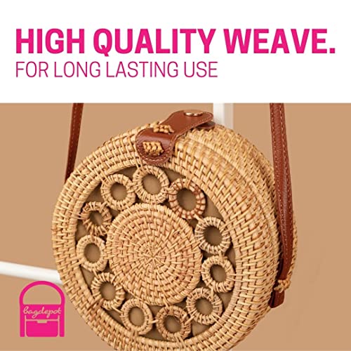 BAGDEPOT Round Rattan Bag With Shoulder Leather Strap. Made from Natural Rattan (Sunrise)