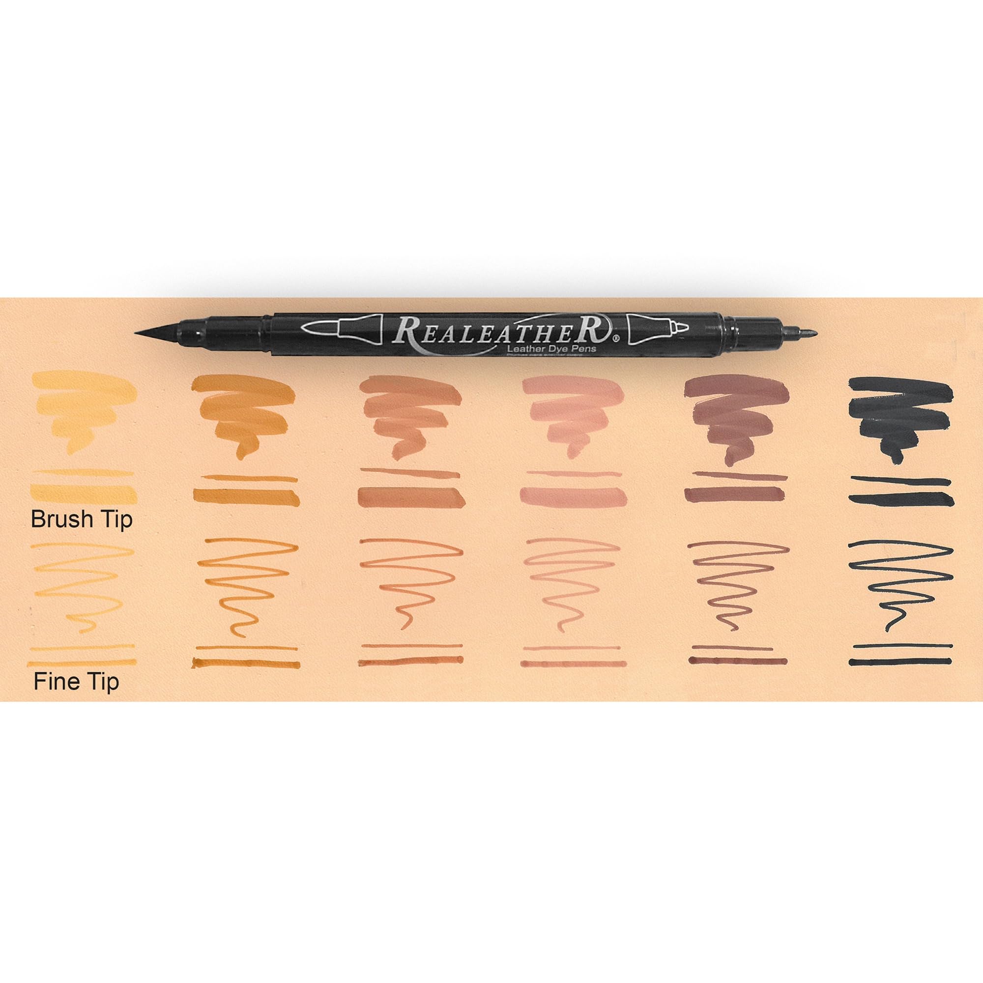 Realeather F2400-01 Dual Tip Leather Dye Marker Pens (6 Pack), Earth Tones