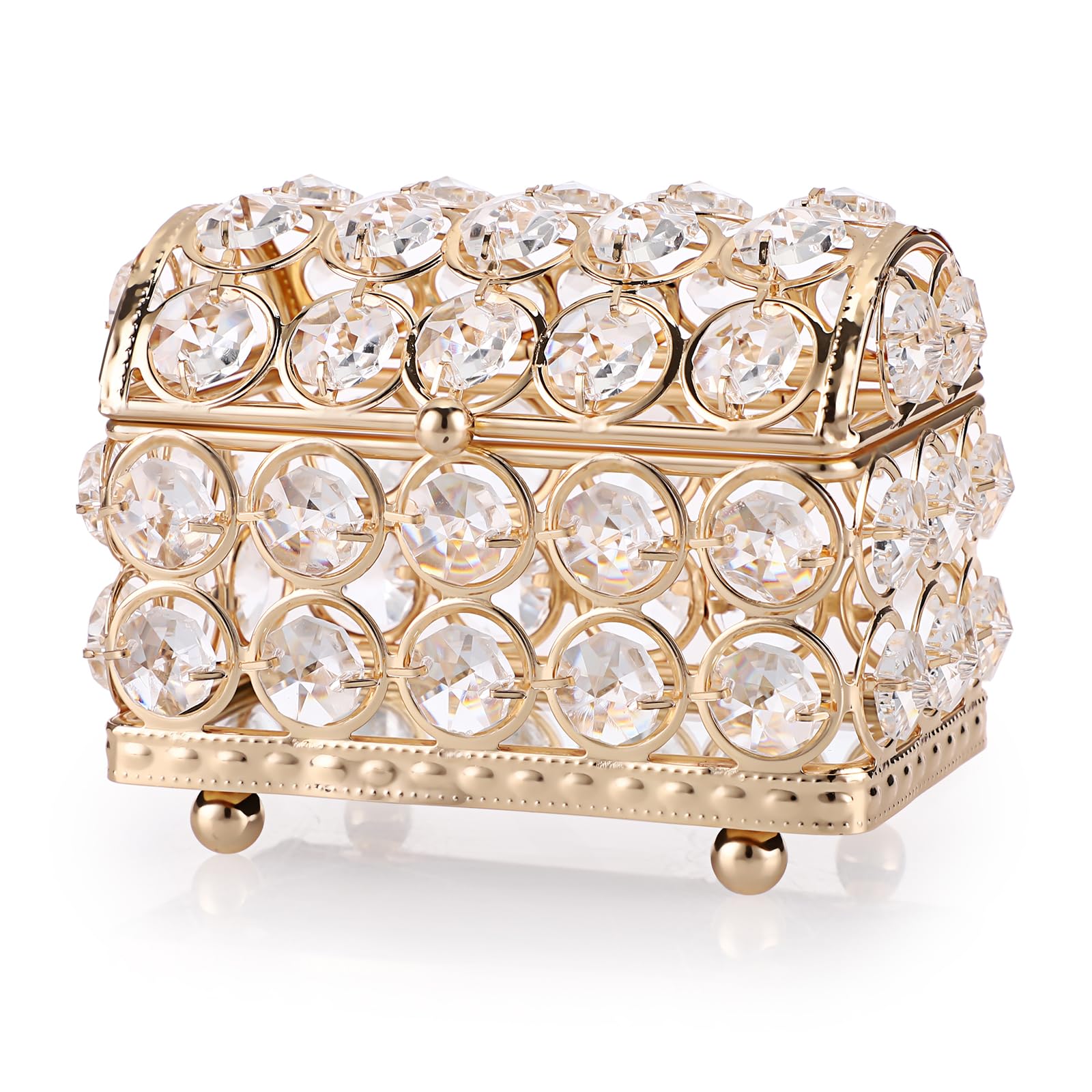 Hipiwe Crystal Jewelry Trinket Box Gold Mirrored Treasure Chest Box Small Keepsake Box Decorative Jewelry Display Case Organizer Earrings Rings Storage Box Gift for Women Girls