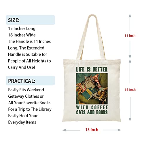 ZHANTUONE Canvas Tote Bag,Life is Better With Coffee Cats and Books,For Cat Lovers,Cat Lover Gifts for Women,Cat Lady Funny Cat Gifts,Pet Owner Gift,Birthday Gift For Someone Who Love Cats