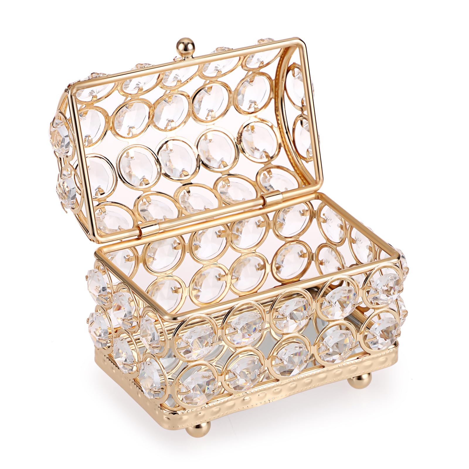 Hipiwe Crystal Jewelry Trinket Box Gold Mirrored Treasure Chest Box Small Keepsake Box Decorative Jewelry Display Case Organizer Earrings Rings Storage Box Gift for Women Girls