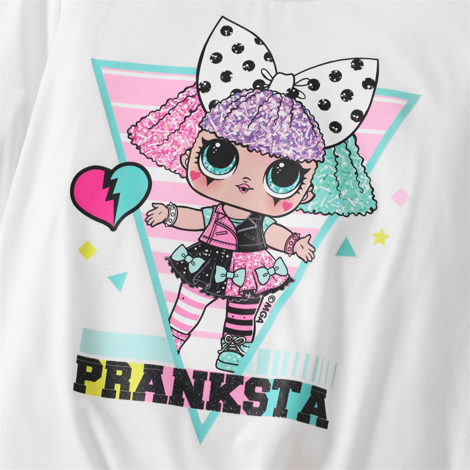 L.O.L. Surprise! Girls 2 Piece Outfits Tie Knot Long Sleeve Tee Top and Heart Pink Bell Bottom Flared Pants Set White 7-8 Years