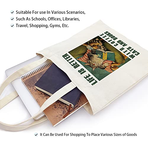 ZHANTUONE Canvas Tote Bag,Life is Better With Coffee Cats and Books,For Cat Lovers,Cat Lover Gifts for Women,Cat Lady Funny Cat Gifts,Pet Owner Gift,Birthday Gift For Someone Who Love Cats