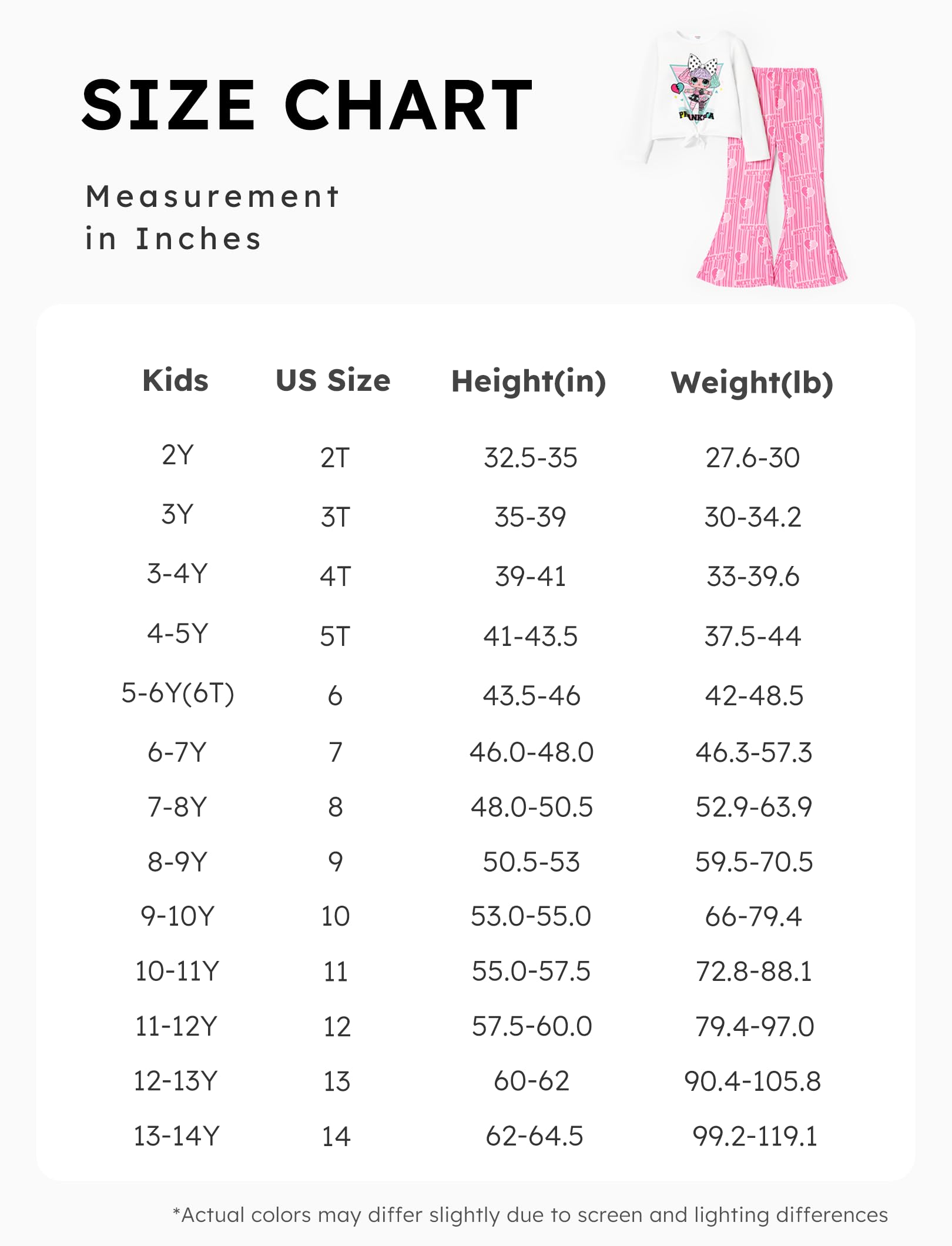 L.O.L. Surprise! Girls 2 Piece Outfits Tie Knot Long Sleeve Tee Top and Heart Pink Bell Bottom Flared Pants Set White 7-8 Years