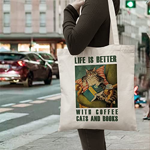 ZHANTUONE Canvas Tote Bag,Life is Better With Coffee Cats and Books,For Cat Lovers,Cat Lover Gifts for Women,Cat Lady Funny Cat Gifts,Pet Owner Gift,Birthday Gift For Someone Who Love Cats