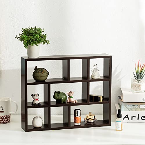 Sziqiqi Wood Floating Shelves 9-Compartment Small Hanging Display Shelf - Rustic Wall Mounted Freestanding Multi-Slot Storage Shelving for Bedroom Kitchen Living Room Bathroom Brown