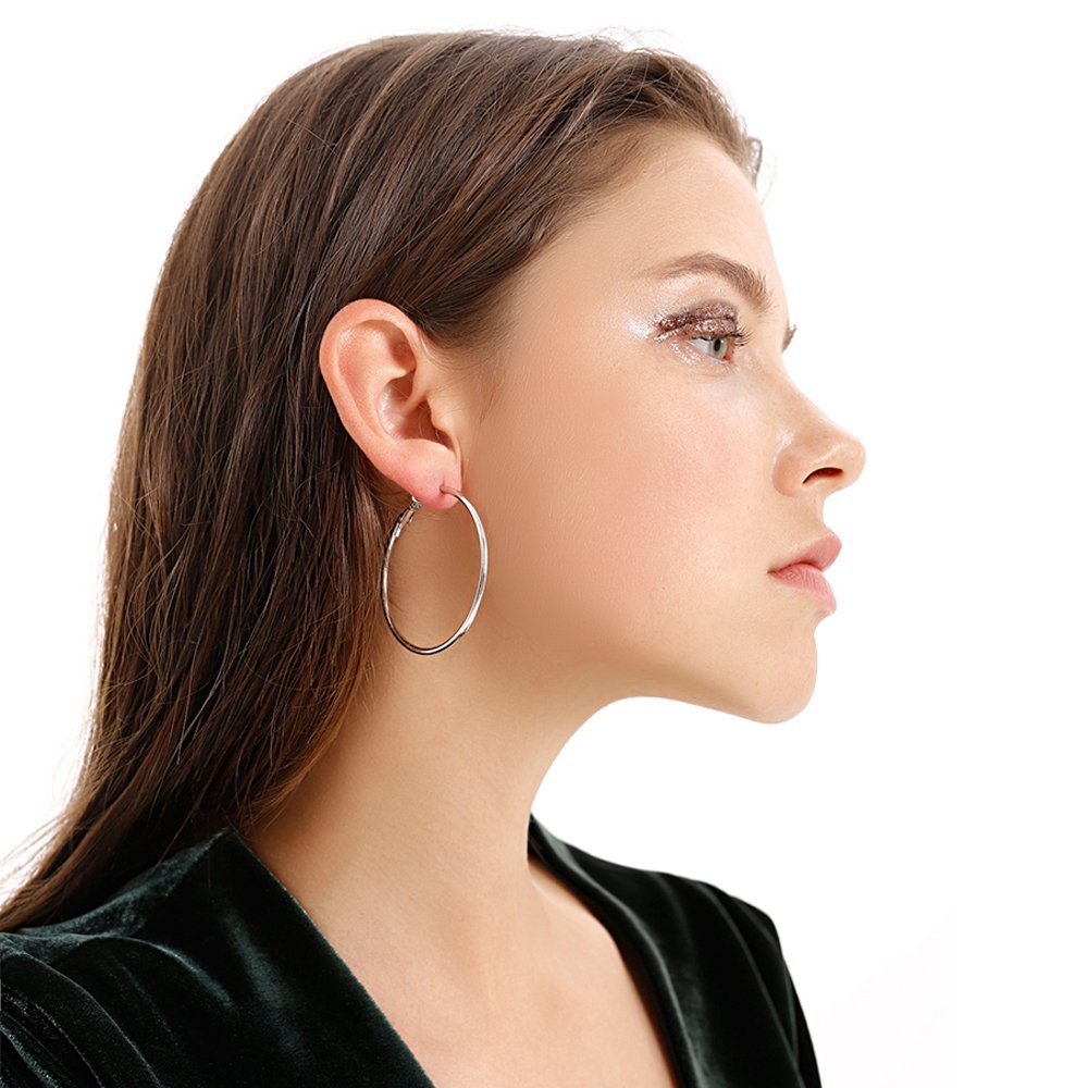 Rugewelry 925 Sterling Silver Post Hoop Earrings,18K White Gold Plated Polished Rounded Hoop Earrings For Women, Gift Box Packaging