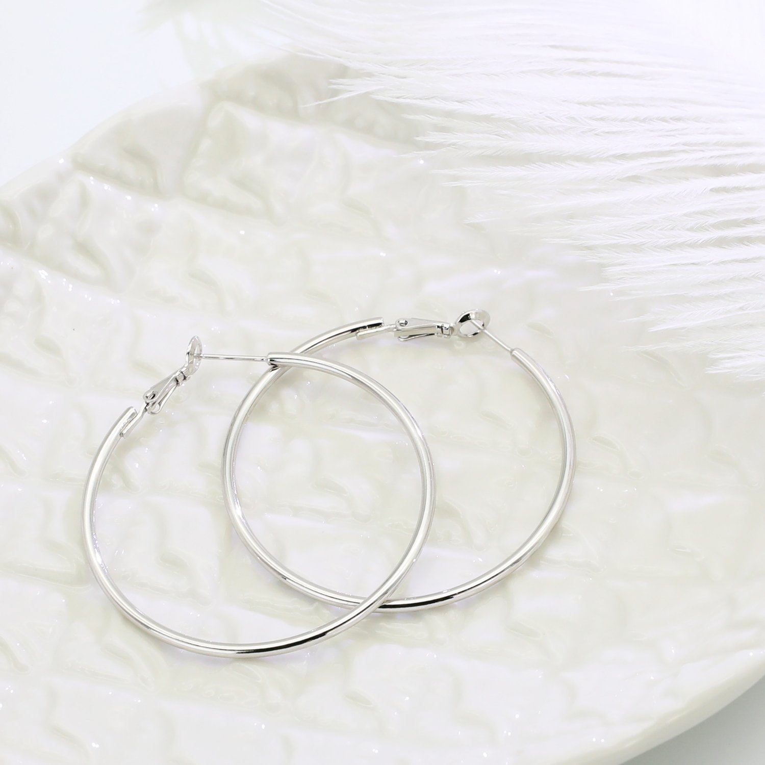 Rugewelry 925 Sterling Silver Post Hoop Earrings,18K White Gold Plated Polished Rounded Hoop Earrings For Women, Gift Box Packaging