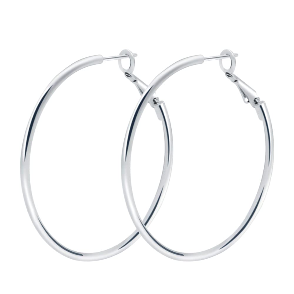Rugewelry 925 Sterling Silver Post Hoop Earrings,18K White Gold Plated Polished Rounded Hoop Earrings For Women, Gift Box Packaging