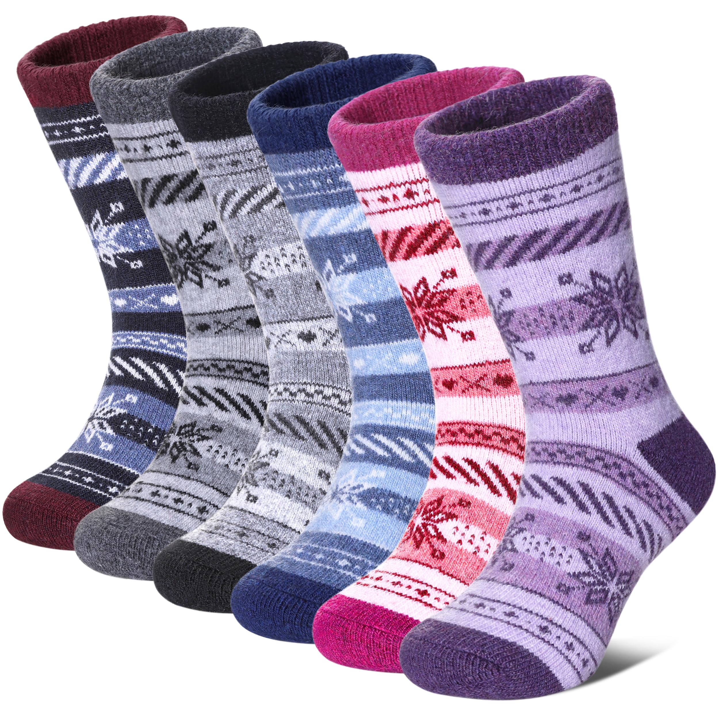 FNOVCO Kids Merino Wool Hiking Socks Toddlers Boys Girls Cozy Thermal Winter Thick Warm Crew Socks 6 Pairs (8-12 Years, Snowflake)