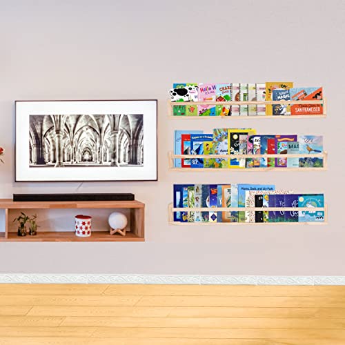 MBYD 36 Inch Wall Bookshelf Set of 3 Same Dimensions, Handmade Natural Wood Floating Bookshelves, Nursery Shelves, Kitchen Spice Rack or Bathroom Organizer