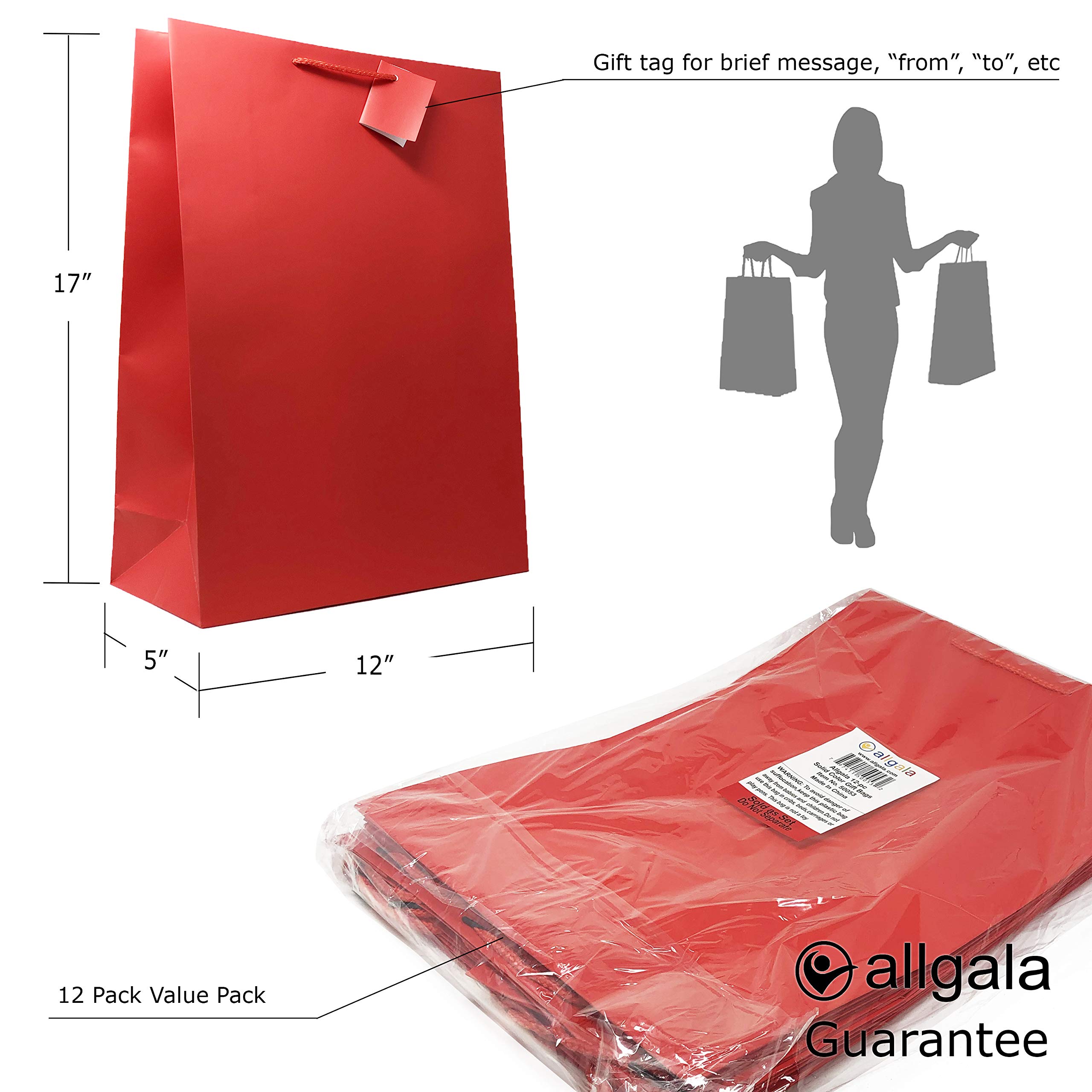 allgala 12PK Value Premium Solid Color Paper Gift Bags (17" XL-Red-GP50053)