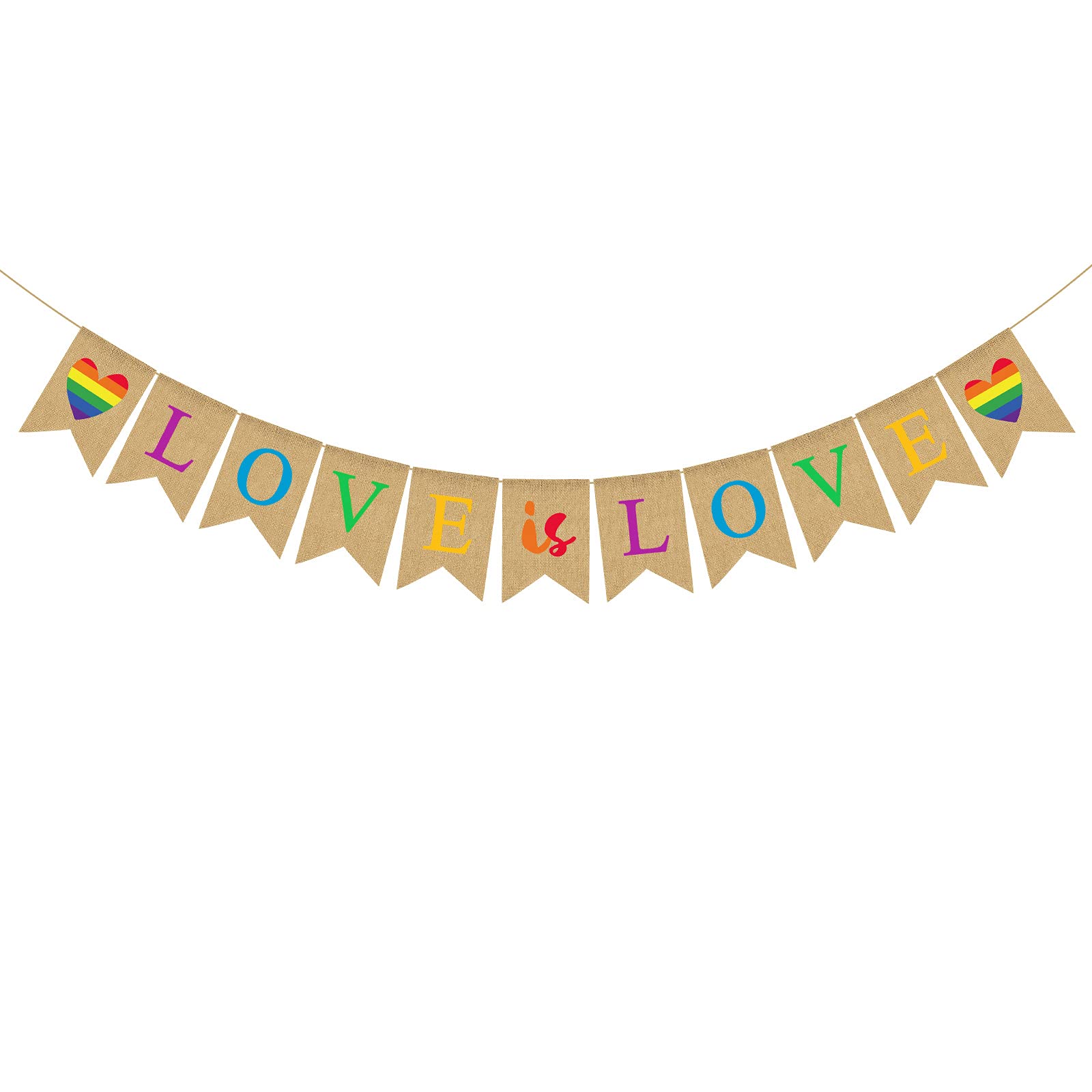 Jute Burlap LOVE IS LOVE Banner Pride Day Rustic Rainbow Heart LGBT Gay Lesbian Party Mantle Fireplace Decoration