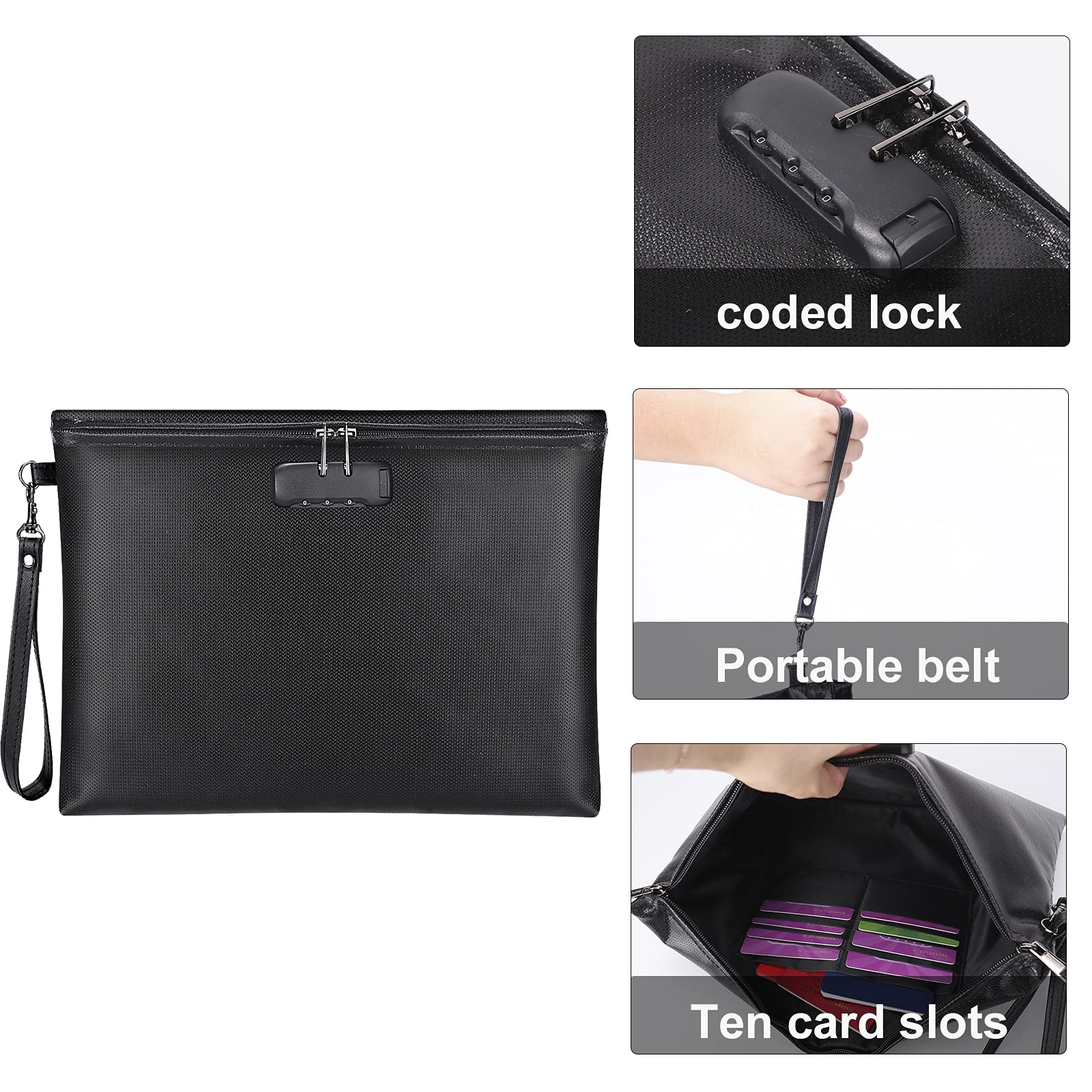 Fireproof Document Bag with Lock, ZOOPIP 14.3"x10.2" Fireproof and Waterproof Money Bag with Zipper Closure, Storage Pouch for A4 Letter Size Document, Cash, Cell Phone, Tablet, Credit Card,Passport