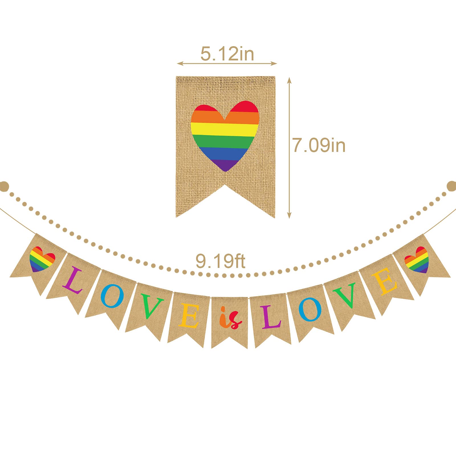 Jute Burlap LOVE IS LOVE Banner Pride Day Rustic Rainbow Heart LGBT Gay Lesbian Party Mantle Fireplace Decoration