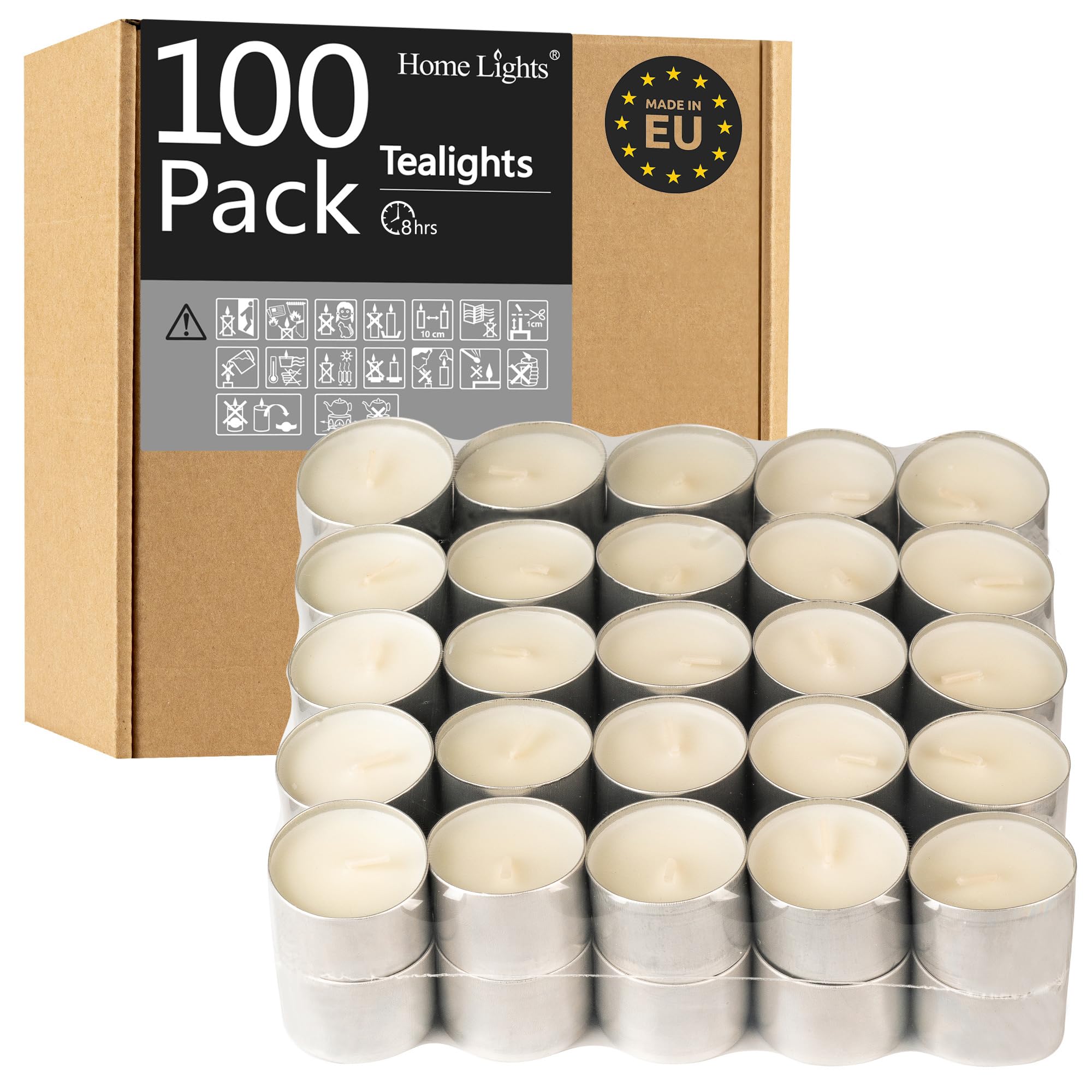 HomeLights Tealight Candles - 8 Hour Long time Burning, Giant 100,200,300 Packs -White Smokeless European Tea Light Unscented Candles for Shabbat, Weddings, Christmas,Home Decorative -100 Pack