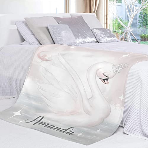 Artistic Swan Personalized Name Soft Fleece Bed Blankets Throws as Birthday Wedding Gifts for Sofa Couch 50'' x 60''