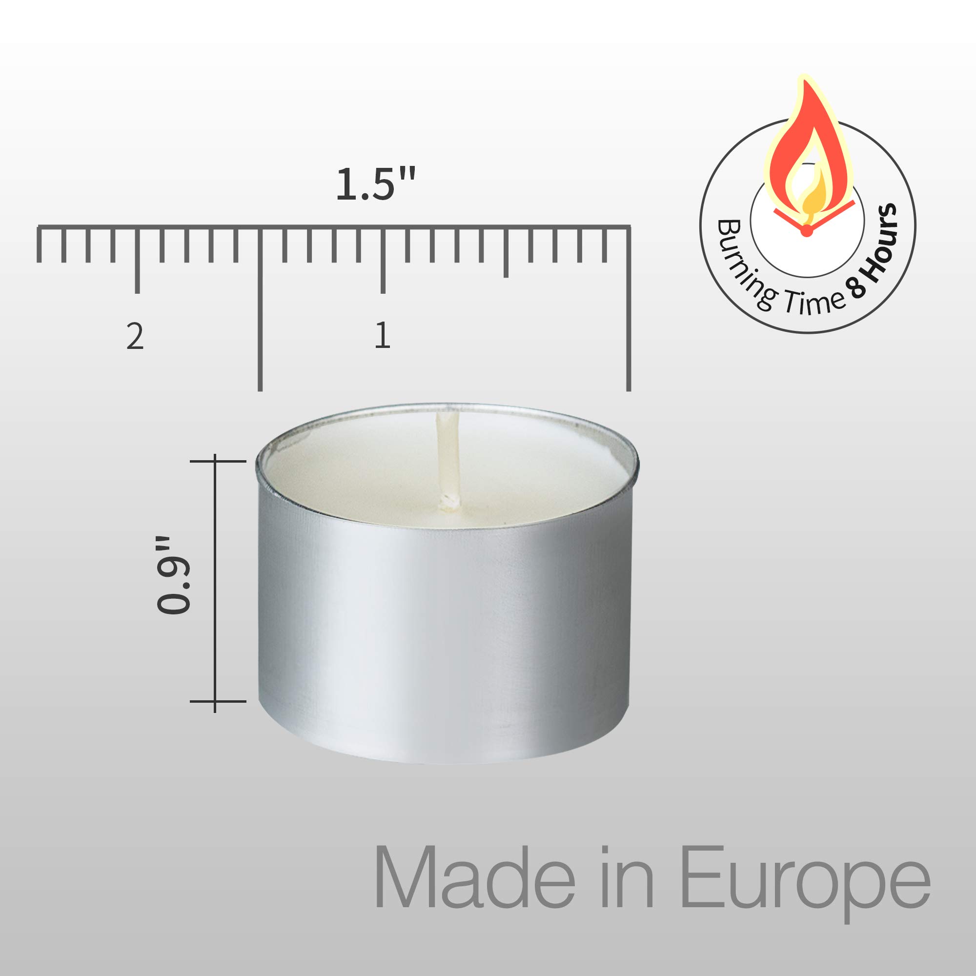 HomeLights Tealight Candles - 8 Hour Long time Burning, Giant 100,200,300 Packs -White Smokeless European Tea Light Unscented Candles for Shabbat, Weddings, Christmas,Home Decorative -100 Pack