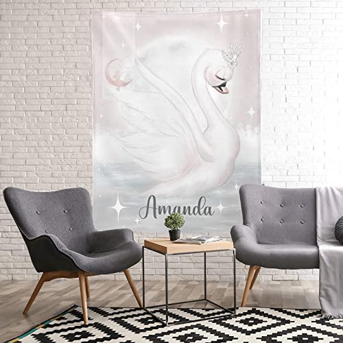 Artistic Swan Personalized Name Soft Fleece Bed Blankets Throws as Birthday Wedding Gifts for Sofa Couch 50'' x 60''