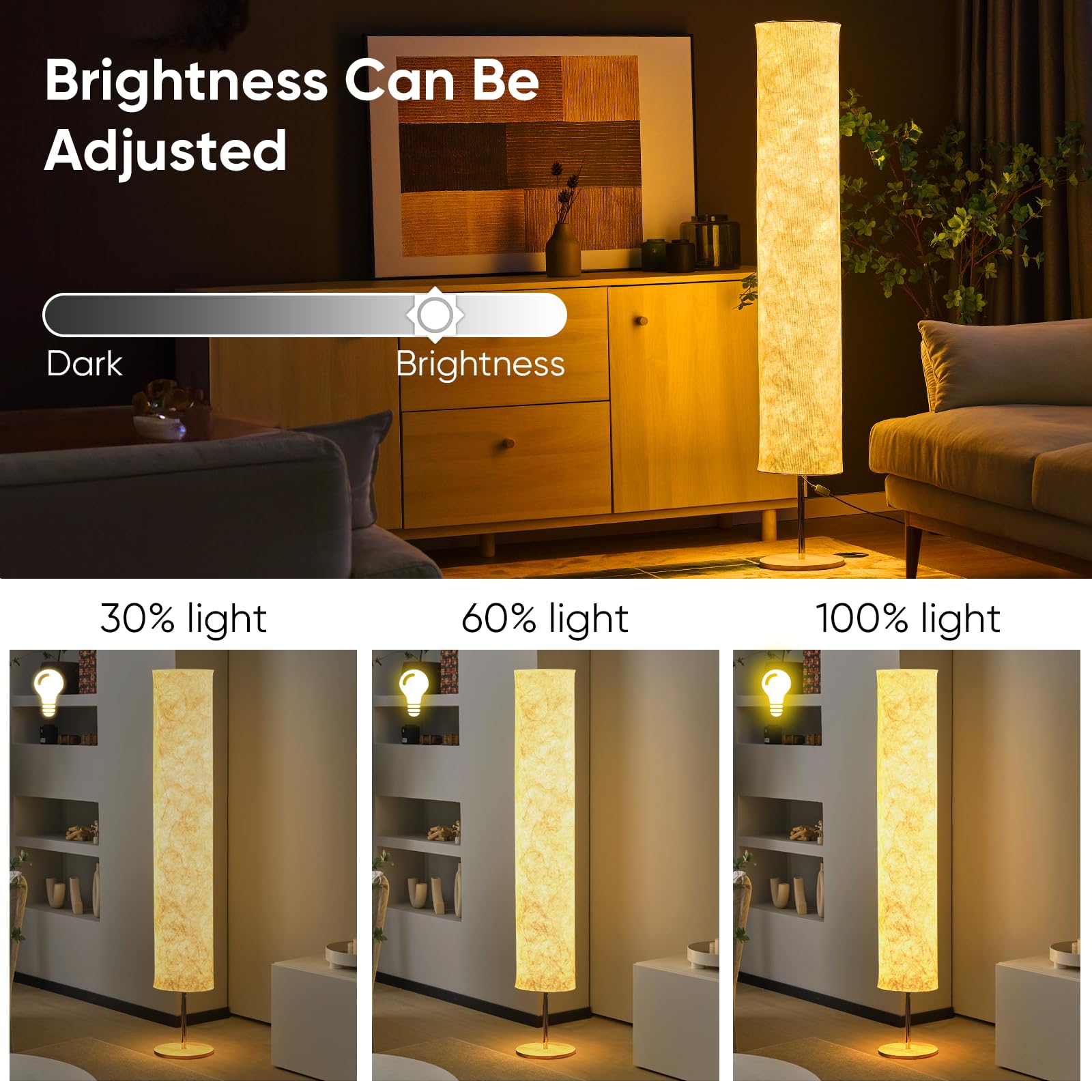 LONRISWAY Soft Light Floor Lamp, 52" Simple Design Morden Slim Warm Light 3000K LED Tyvek Fabric Shade with 2 LED Bulbs Standing Lamp for Living Room Bedroom Game Room