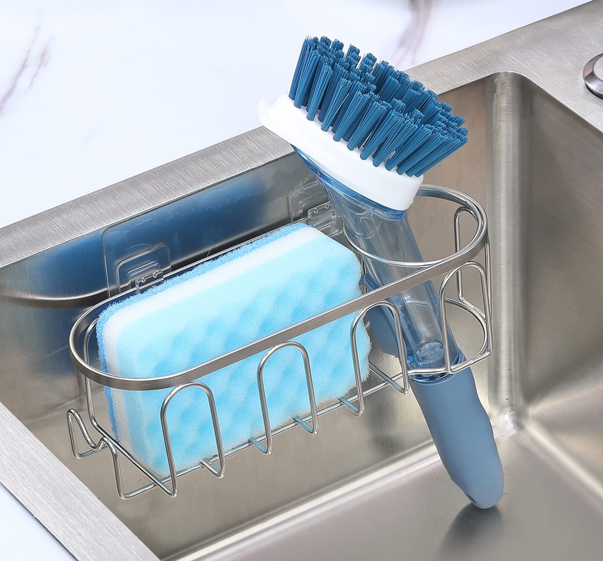 DOLRIS Kitchen Sink Caddy, Sponge Holder for Kitchen Sink, 3 in 1 Adhesive Kitchen Sponge Holder + Brush Holder + Hooks, Kitchen Sink Accessories SUS304 Stainless Steel,Silver
