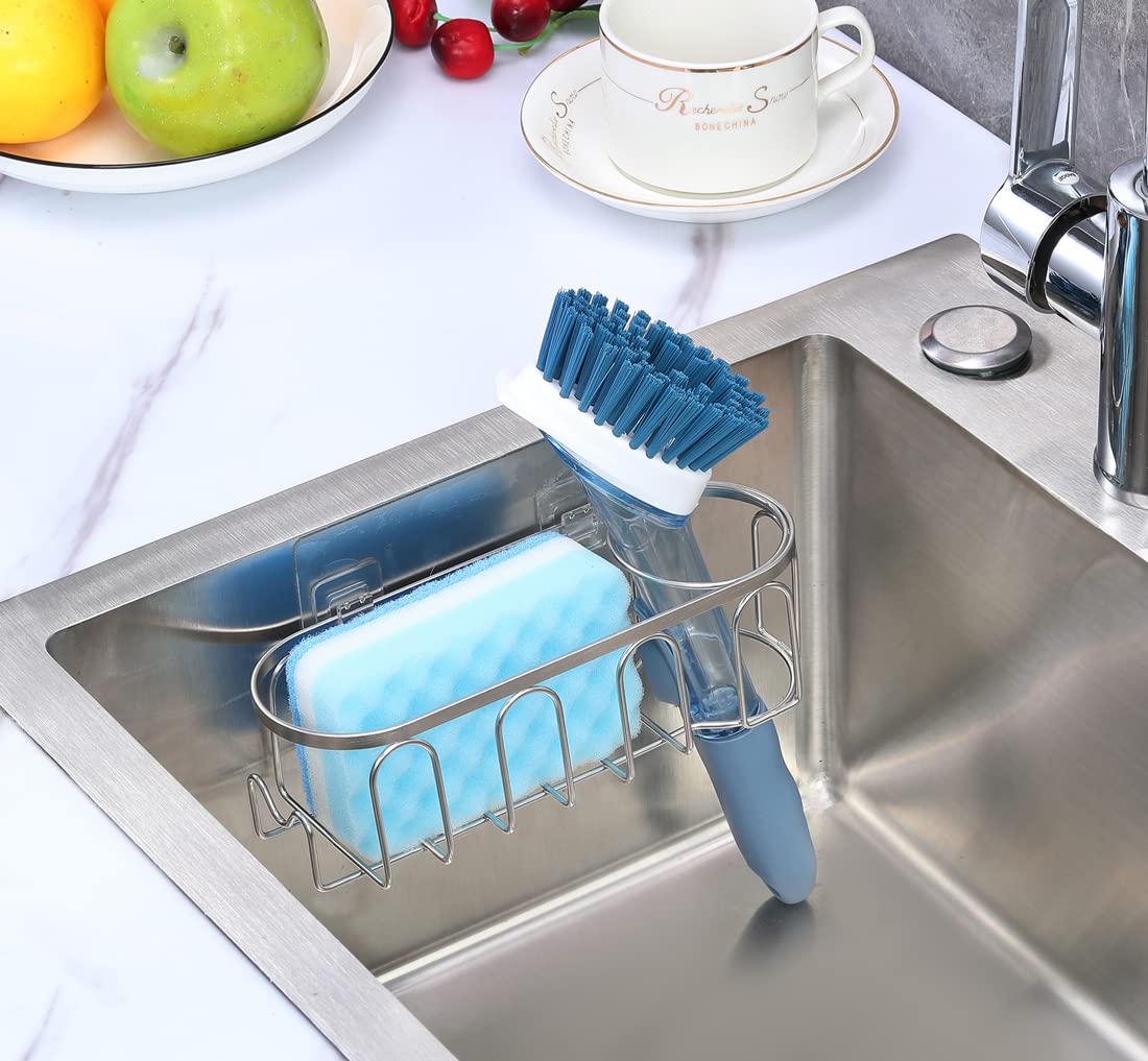 DOLRIS Kitchen Sink Caddy, Sponge Holder for Kitchen Sink, 3 in 1 Adhesive Kitchen Sponge Holder + Brush Holder + Hooks, Kitchen Sink Accessories SUS304 Stainless Steel,Silver