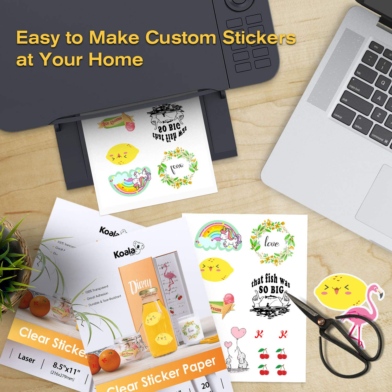 Koala Printable Clear Sticker Paper - ONLY for Laser Printer - 8.5x11 Inch 20 Sheets Full Sheet 100% Transparent Label Paper for DIY Personalized Decals, Labels